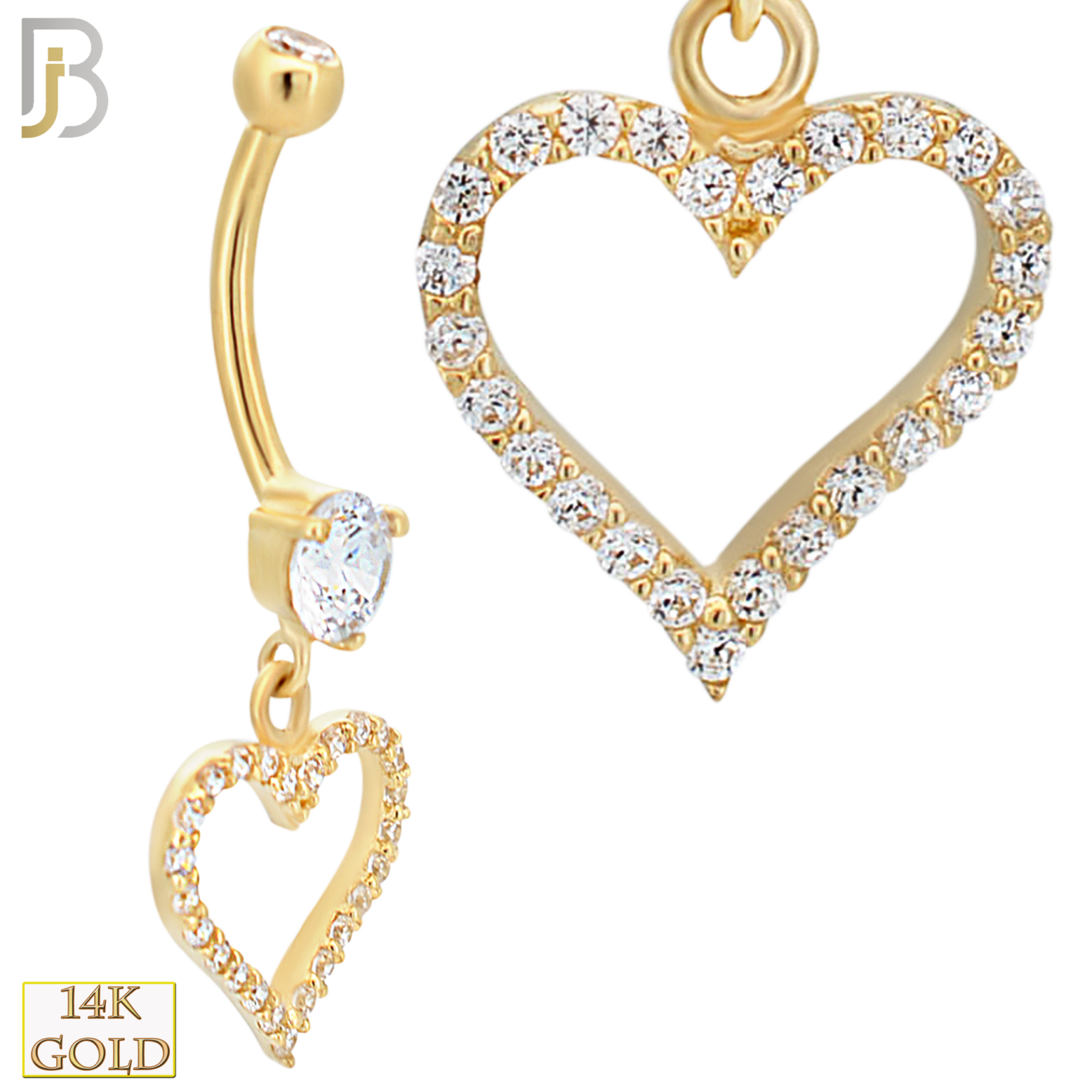 14k Solid Gold Dangle Navel Belly Ring with 12mm Heart Design | Body Jewelz