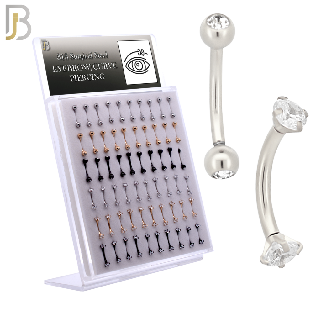 316L Surgical Steel Curved Barbell External Threaded with Bezel Set and ...