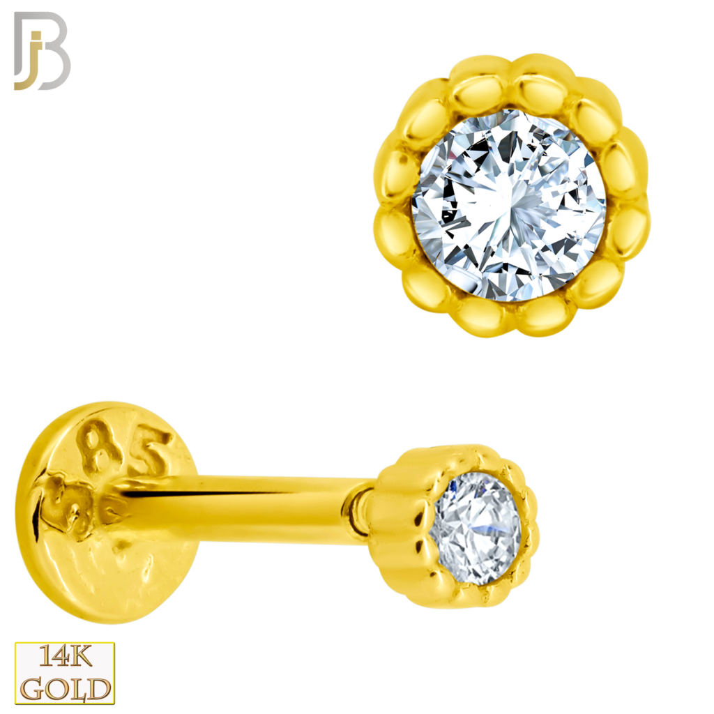 14k Gold 16g Labret with Round CZ Bezel Setting | Body Jewelz